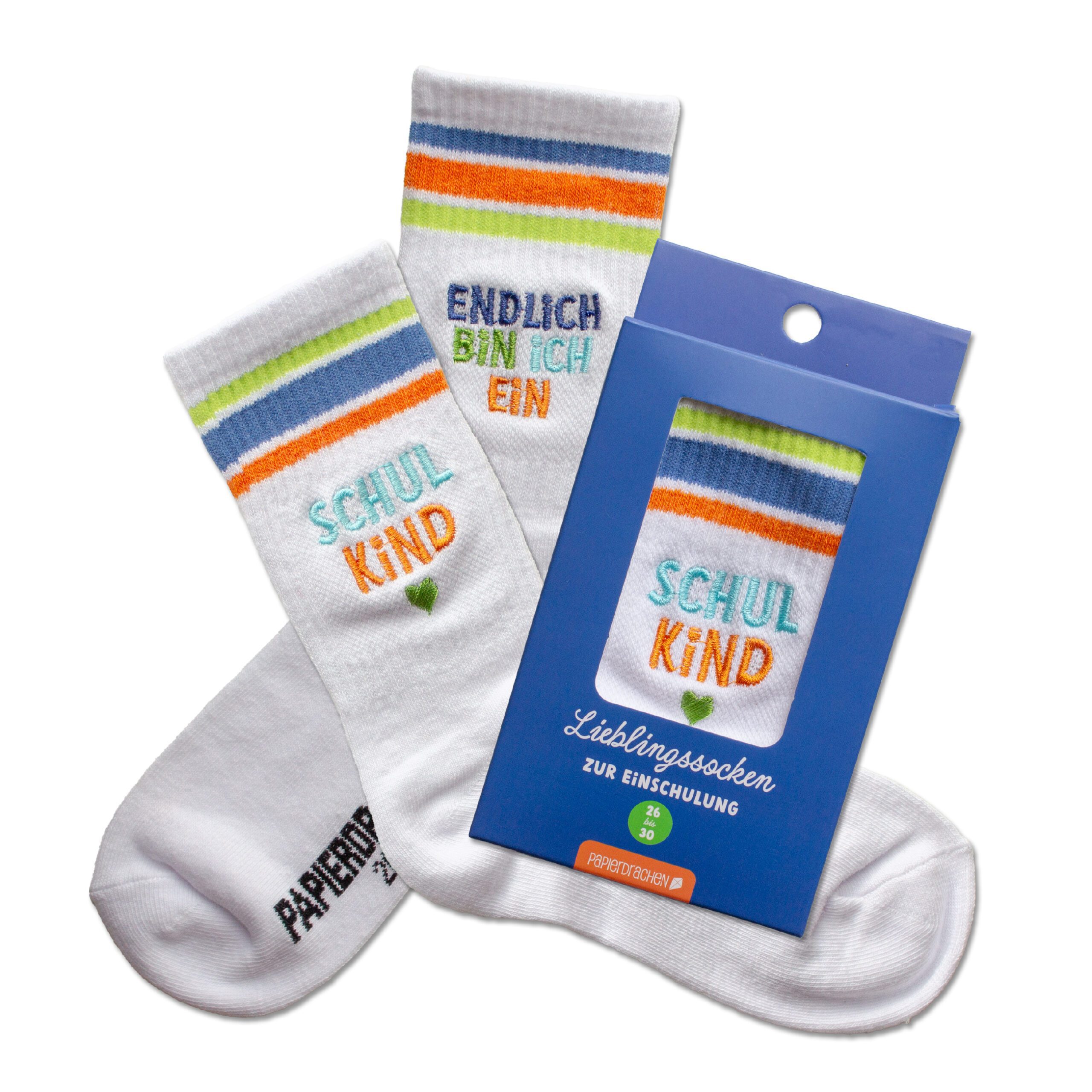 Socken zur Einschulung – blau – Endlich bin ich ein Schulkind – Papierdrachen